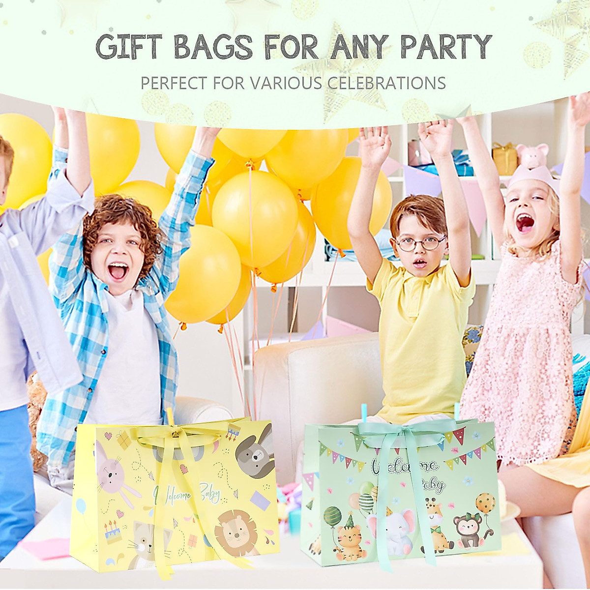 JOHOUSE Baby Gift Bag, 12" Paper Bag with Tissue Paper Ribbon Greeting Card Large Gift Bag for Baby Boy Girl Shower Newborn 1st Birthday Gender Reveal Party Green