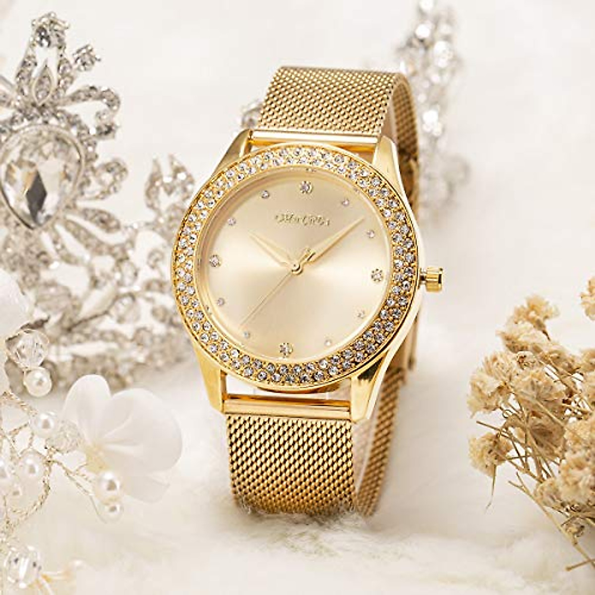 ManChDa Womens Wrist Watch Crystal Case Mesh Stainless Steel Band Bling Ladies Watches Analog Quartz Diamond Classic Fashion Romantic+ Jewelry Cuff Bracelet Set Slim Thin Casual Glitter Dress Watches