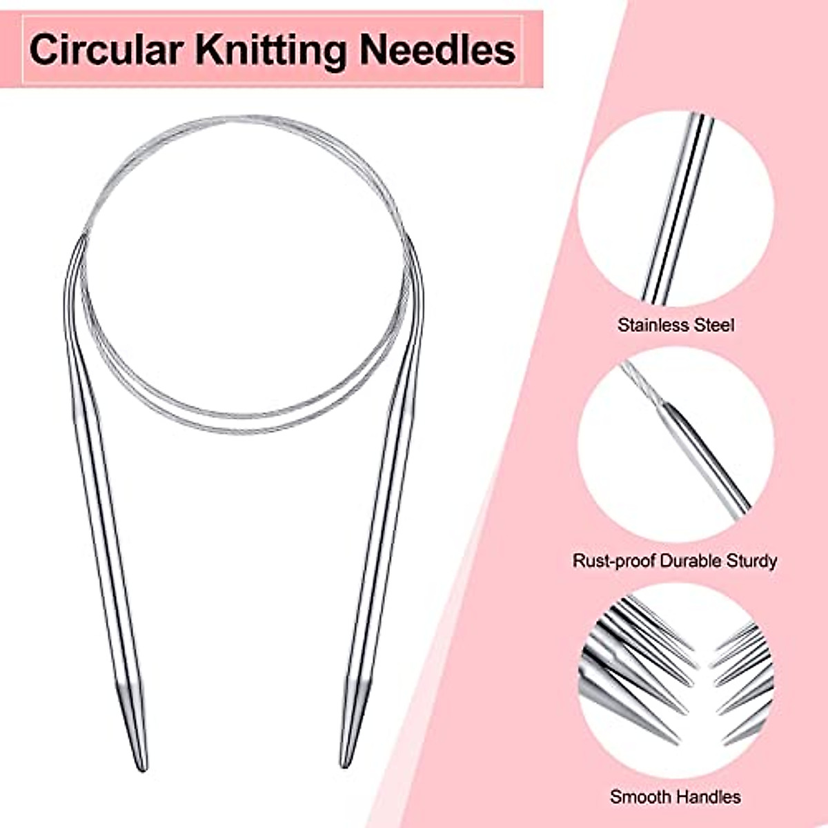 18 Pieces Circular Knitting Needles Set Stainless Steel Knitting Needles Size 2,3,4,5,6,8 mm for Any Weave DIY Lover or Beginner (31.5 Inch, 23.6 Inch, 16.9 Inch)