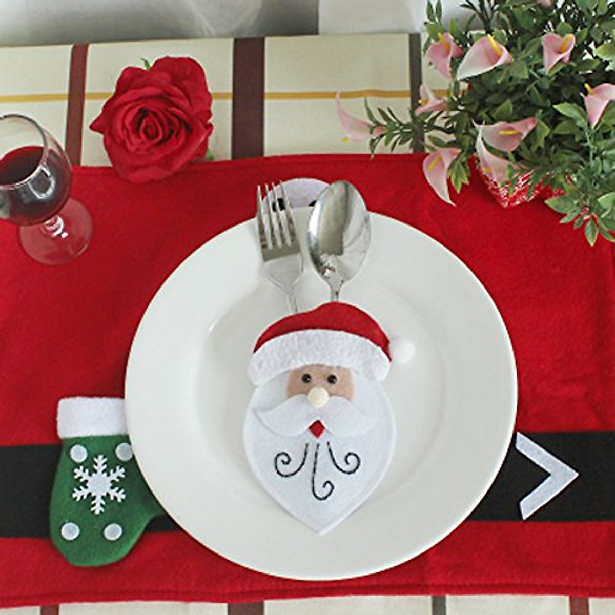 Weimay 1Pcs Christmas Dinner Table Decorations Tableware Holder Christmas Socks Decorations Mini Christmas Stockings Knife Spoon Fork Bag for Xmas Party Dinner Table Decoration