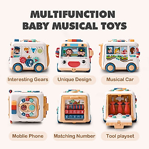 OWNONE 1 Baby Activity Cube Toy, Musical School Bus Toy for Toddlers 1-3, Learning Music Toy Birthday Gift for Baby Boys & Girls 1 2 3 Years Old
