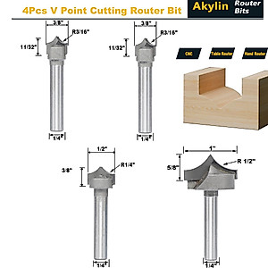 Akylin 4pcs Point Cutting Roundover Router Bit Set,1/4" Shank,Cutting Dia. 3/8“,3/8",1/2" and 1",Round-Over Plunge Cutter for Wood Engraving, 2D and 3D Carving
