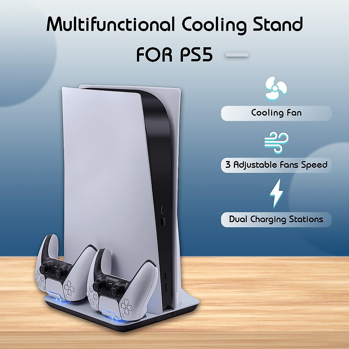 Wigearss Charging Cooling Stand for PS5 Charging Dock with 3 Speed Levels Cooling System for PS5 UHD and Digital Edition Consoles and Controllers - White