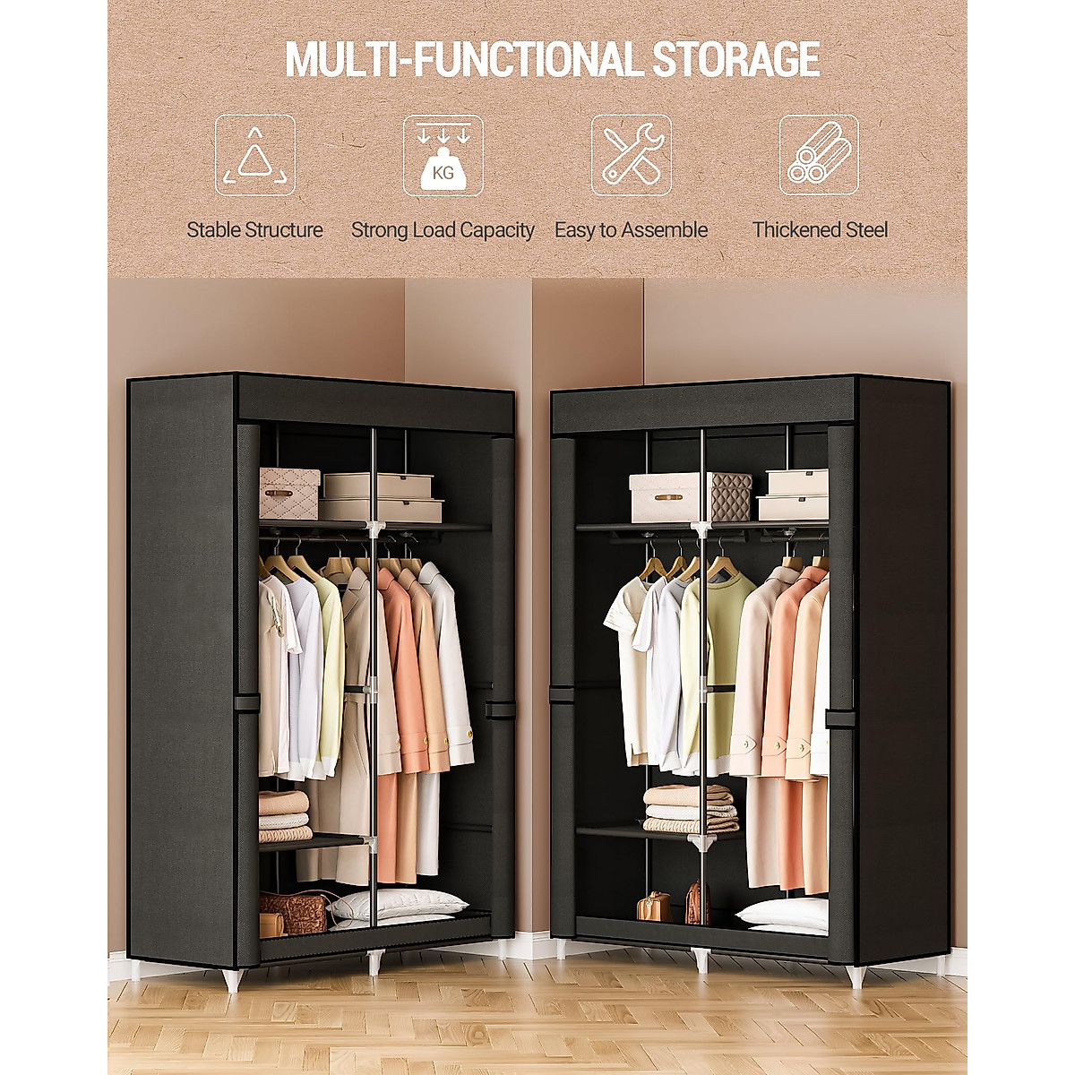 Hzuaneri 35.8 Inch Closet Wardrobe, Clothes Storage Organizer for Hanging Clothes with Cover, 2 Hanging rods, 5 Storage Shelves, Portable Closet for Bedroom 35.8 x 17.7 x 66 inches, Pure Black