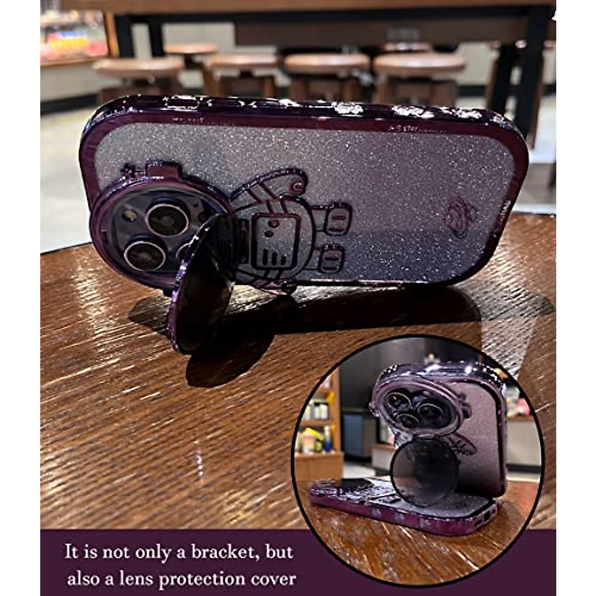 QoKcoahn Astronaut Hidden Stand Phone Case for iPhone 14 Pro Max,Cute Astronaut Lens Camera Protector Kickstand Luxury Glitter Bling 6D Electroplated Clear Soft TPU Protector for Men Women Purple