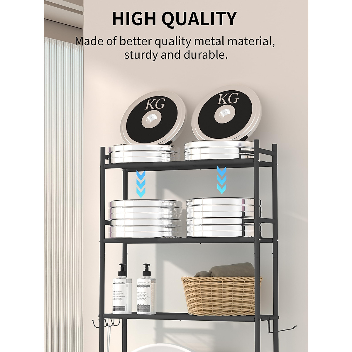 GloTika 3-Tier Over The Toilet Storage, Space Saver Metal Bathroom Shelves, Freestanding Above Over Toilet Storage Shelf with 4 Hooks for Bathroom, Black