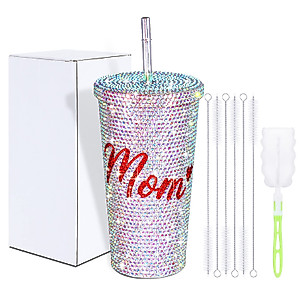 Zubebe Bling Diamond Tumbler Thermal Glitter Water Bottles Mother Gift Mom Stainless Steel Rhinestone Glitter Tumbler Idea with Lid and Straw 6 Pcs Straw Brushes 1 Pcs Cup Brush