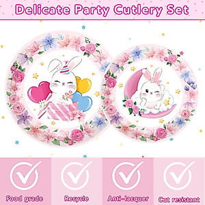 153 Pcs Easter Bunny Birthday Party Decorations Kit with Bunny Birthday Banner, Swirl, Latex Balloons, Cupcake Toppers, Paper Plate Cups Disposable Spoon for Rabbit Themed Girl Birthday Party Supplies