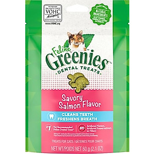 FELINE GREENIES Adult Natural Dental Care Cat Treats, Savory Salmon Flavor, 2.1 oz. Pouch