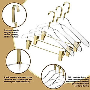 Quality Clear Acrylic Skirt Pant Hangers with Clips – 4 Pack, Stylish Clothes Hanger with Gold Hooks - Coat Hanger for Dress, Suit - Closet Organizer Adult Hangers - Cloth Hangers (Gold Hook, 4)