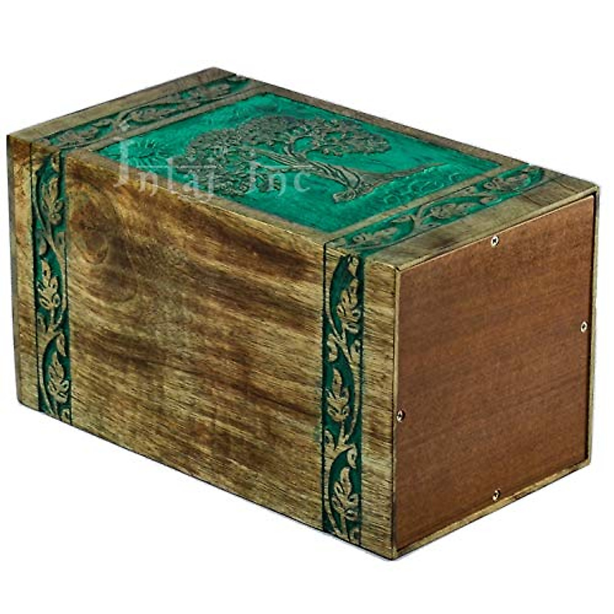 INTAJ Cremation Urn for Human Ashes - Wooden Urn Box for Ashes Handcrafted - Tree of Life Memorial Urn Funeral Cremation Urns (L(11.25x6.25) 250Cu, Teal Green)