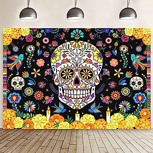MEHOFOND 7x5ft Day of The Dead Backdrop Sugar Skull Dia De Los Muertos Photography Background Mexican Fieasta Marigold Candle Floral Dress up Festival Party Decor Cake Smash Banner Photo Studio Props