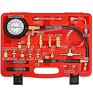 YSTOOL Fuel Pressure Tester Gauge Kit 140PSI Automotive Engine Injector Pump Test Gasoline Gas Injection Manometer Tool Set with Inline Fitting Schrader Adapter for Auto Car Motorcycle (Red Case)