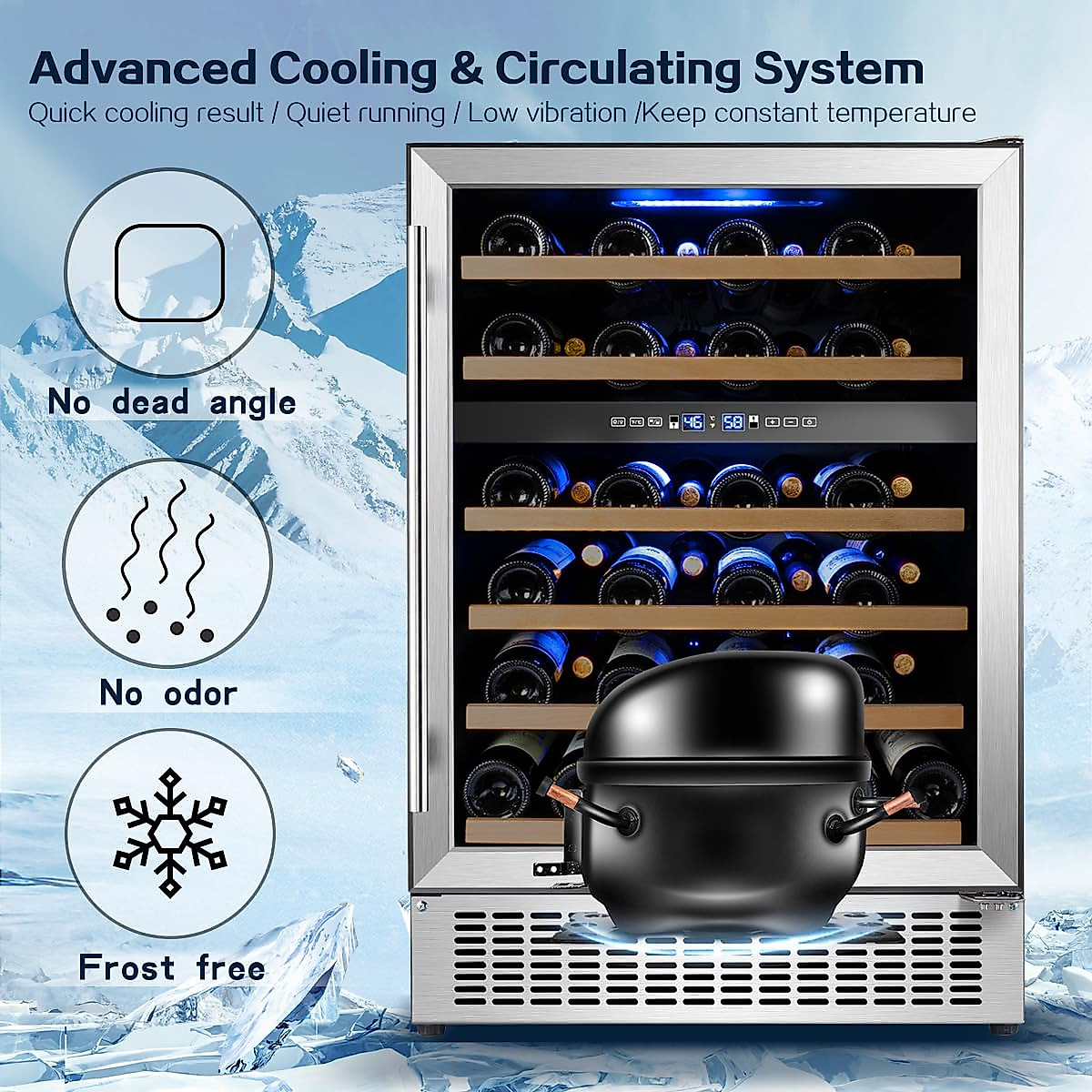 AAOBOSI 24 Inch Dual Zone Wine Cooler 46 Bottle with Upgraded Compressor Advanced Cooling System Quiet Operate, Freestanding and Built-in Wine Refrigerator