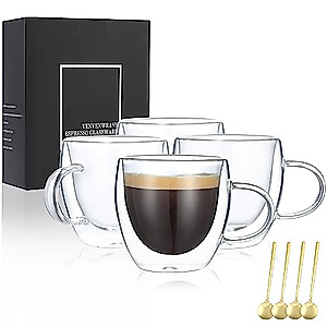 VENVENWEAVS Espresso Cups Set Of 4,Double Wall 5OZ Hand Blown Espresso Shots Glass,Espresso Coffee Mugs In Gift Box,Perfect For Espresso,Latte, Cappuccinos, Tea Bag, Juice