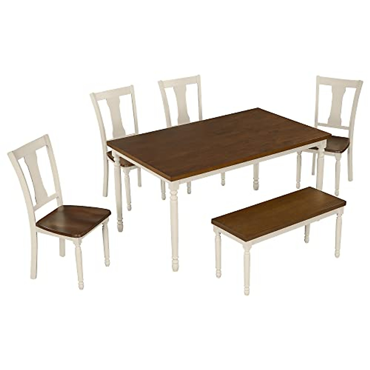 KoiHome 6-Piece Classic Wood 4 Chairs with Bench, East-West Family Furniture Dining Table Set for Restaurant, Kitchen (Brown+Cottage White)