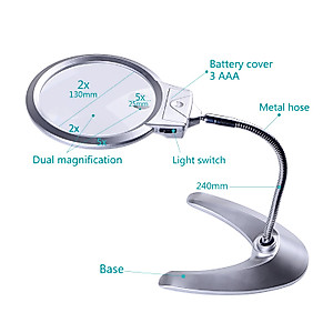 XYK Large 2X 5X LED Lighted Magnifier with Stand - Folding Design with 2 LED Lamp and Jumbo 5.5 Inch Lens - Best Hands Free Magnifying Glass with Light for Reading