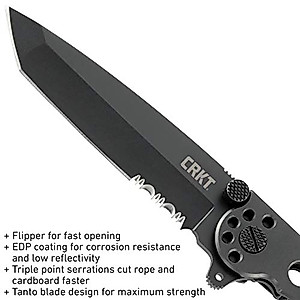 CRKT M16-10KS EDC Folding Pocket Knife: Everyday Carry, Black Serrated Edge Blade, Tanto, Frame Lock, Stainless Steel Handle, Reversible Pocket Clip