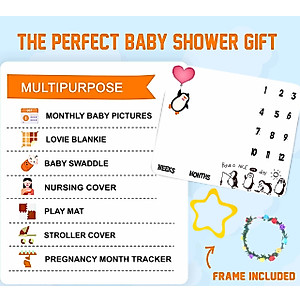Penguin Baby Monthly Milestone Blanket, 48x40in Soft Flannel, Red Love Heart, Newborn Mom Gifts, Baby Shower Age Growth Tracker with Bonus Maker BTYYSS31