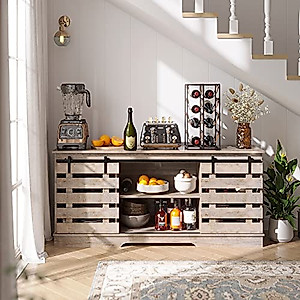 YITAHOME Bar Cabinet, 60“ Farmhouse Sliding Barn Door Cabinet Sideboard Buffet Cabinet with Capacity 300 lbs for Home Kitchen Dinning Living Room, Grey Wash
