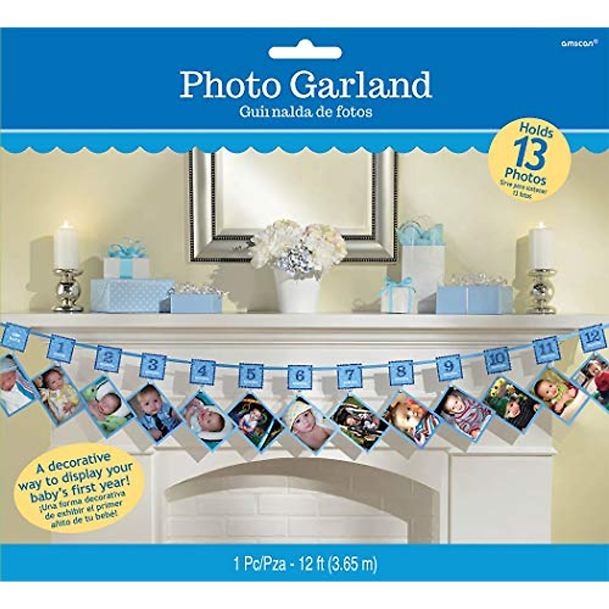 amscan 220108 1st Birthday Glitter Photo Garland - Blue, 1ct, 12'