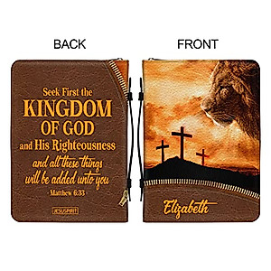 Jesuspirit - Lion & Cross - Zippered Bible Cover With Name - All These Things Will Be Added Unto You - Xlarge Size Leather Case With Handle - Matthew 6:33 - Worship Gift For Religious Leaders, Members