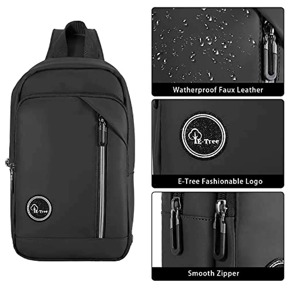E-Tree Sling Bag Hiking Casual Travel Daypack Crossbody Shoulder Backpack Multi-pocket Chest Bag Small Size PU Leather for Men Women Child Teenager (Black)