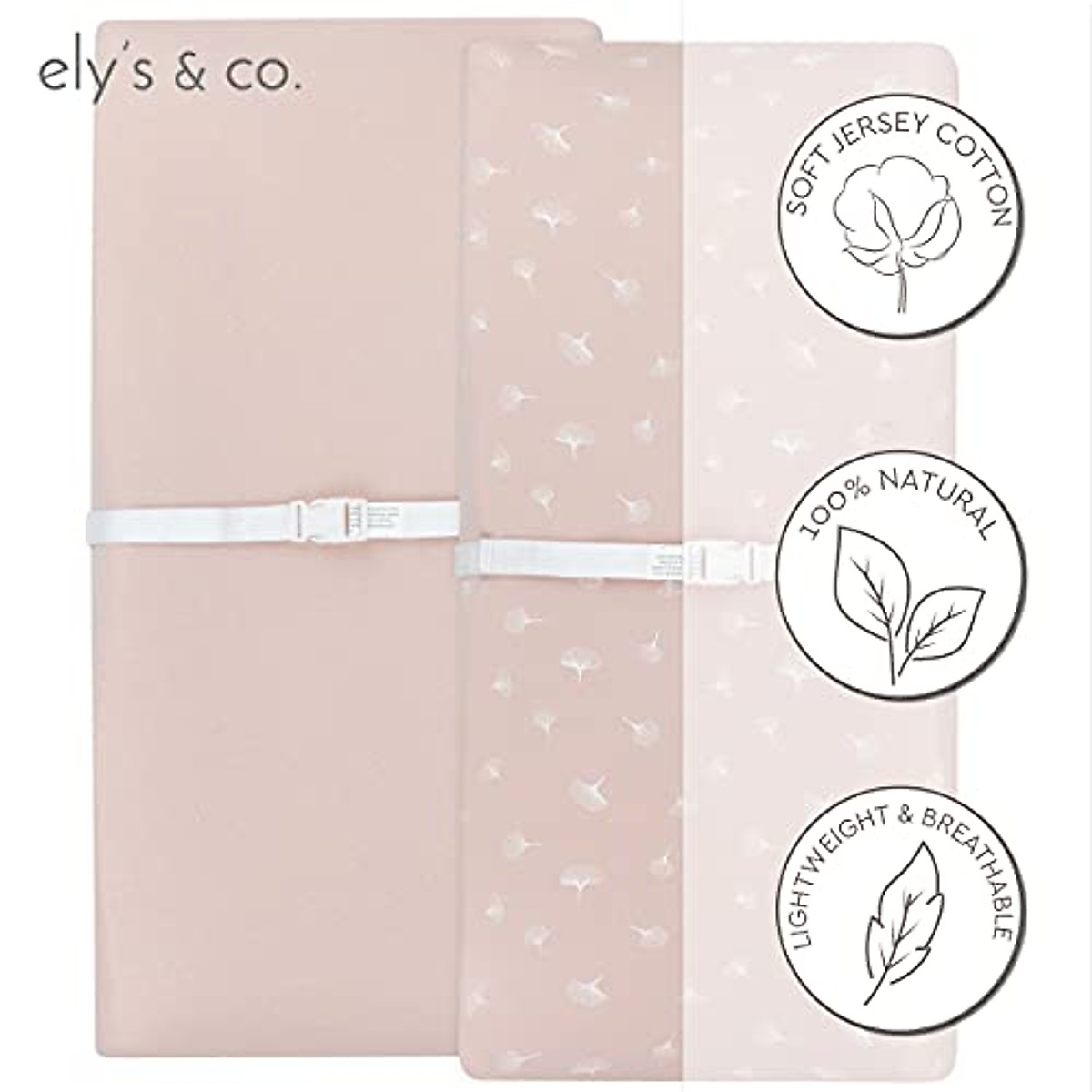 Ely’s & Co. Changing Pad Covers│Cradle Sheets 2-Pack — Combed, 100% Jersey Cotton for Baby Girl — Rosewater Pink, Pin Dots & Gingko Leaves