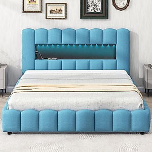 HAUSHECK Upholstered Bed Frame Queen Size with Large Underneath Storage, LED Headboard and USB Ports, Queen Floor Bed Frame w/Wooden Slats Support, Modern Platform Bed No Box Spring Needed