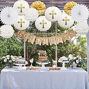 CHRORINE First Communion Banner Kit, Baptism Decorations for Boys Girls, First Communion Confirmation Decorations,God Bless Banner and White Decorations - White Set