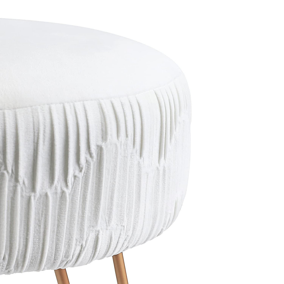 TOUCH-RICH Stripe Velvet Vanity Chair Round Ottoman,Upholstered Vanity Makeup Footstool Side Table Dressing Chair with Golden Metal Legs (White, Round-Normal)
