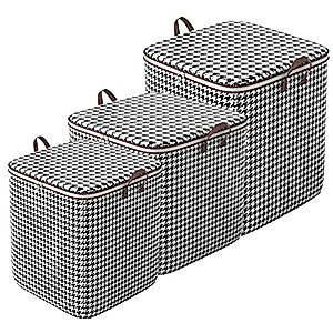 Houndstooth Storage Boxes 3PC, Large Clothes Blanket Storage Bags, Storage Containers with Handles, Closet Organizers and Storage Bins for Comforter Clothing Toys Bed Sheets Pillows, Portable Dorm Storage Containers with Lids (3PC)