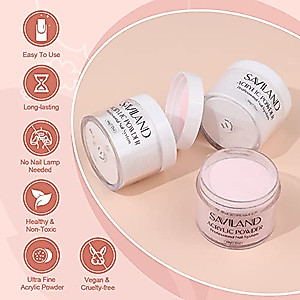 Saviland Acrylic Powder Set - 3 Colors Clear White Pink Acrylic Powder, Professional Acrylic Nail Powder Polymer for Nail Extension & Carving French Manicure 28+ days Long Lasting