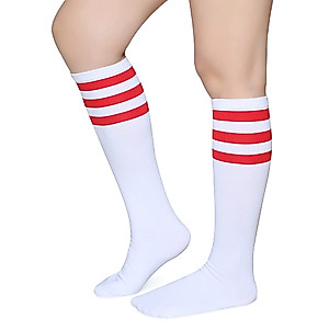 Pareberry Casual Cotton Solid & Triple Stripe Colors Knee High Tube Socks-3 Pairs (A08-Red/White)