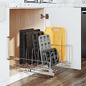 FANHAO Slide Out Cutting Board, Bakeware, and Tray Organizer, Wire Pull Out Kitchen Cabinet Organizer for Pots, Pans, and Lid Cookware, 13.5 inch wide x 17.7 inch deep – Chrome