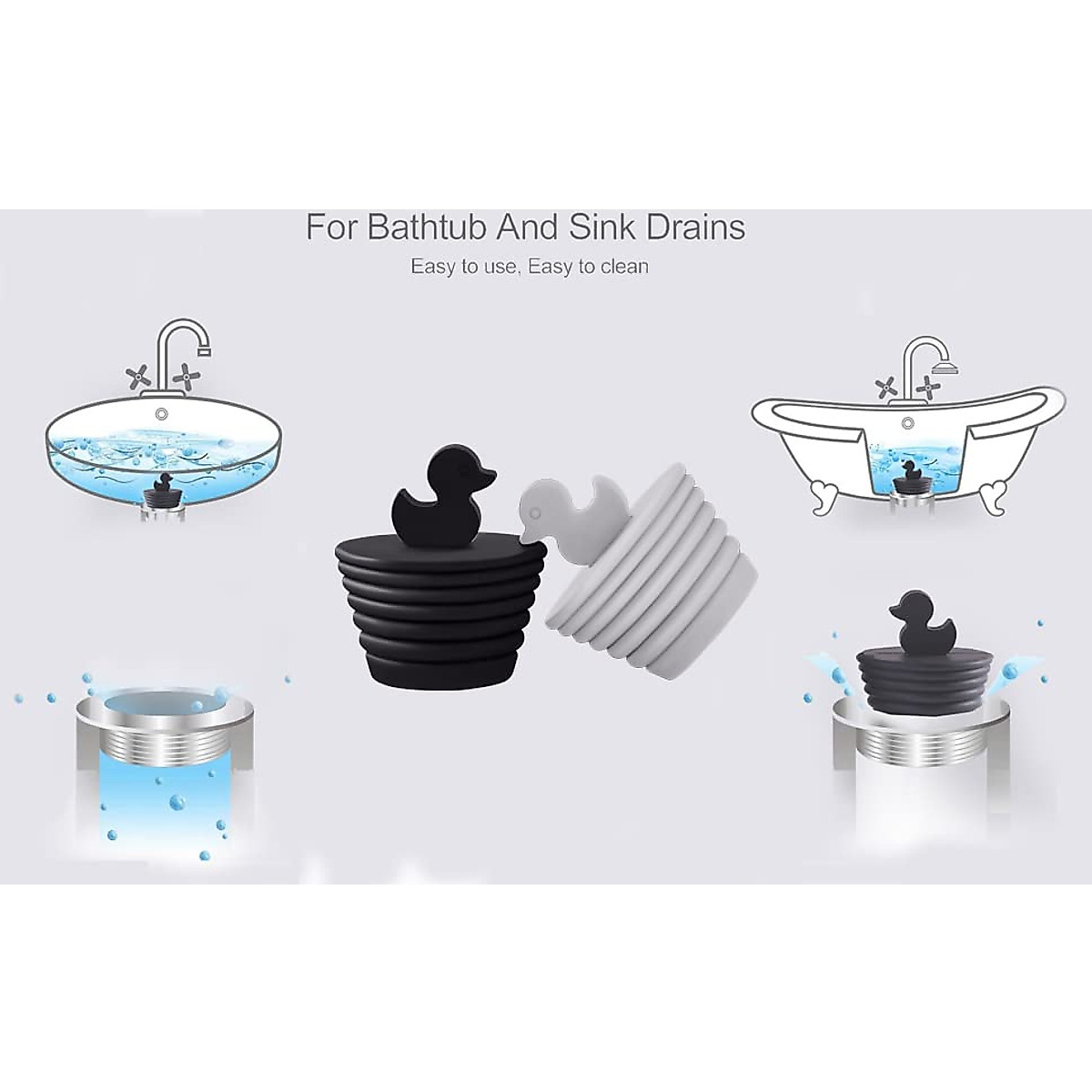 Bathtub Stopper 2 Pcs Universal Tub Stopper Kitchen Silicone Bath Plug Cute Bathtub Drain Stopper Plug for Bathroom Sink and Bathtub Replacement Parts Black&Grey (Patented Design)