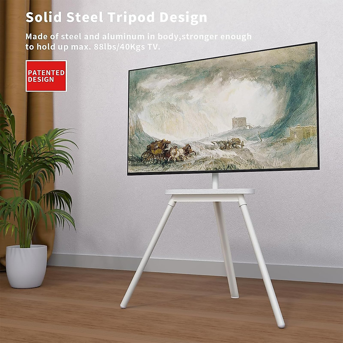 PUTORSEN Easel TV Stand for 43 to 65 inch LED LCD OLED Screens Hold up to 88lbs, Height Adjustable Tripod TV Floor Stand with Shelf/Snap Lock/Anti-Tip Strap, Max VESA 400x400mm, Matte White