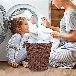 Cabilock Wicker Waste Basket Woven Trash Can Round Decorative Garbage Waste Bin Plastic Dirty Clothes Basket Storage Basket for Bedroom Bathroom Kitchen Home Office Coffee