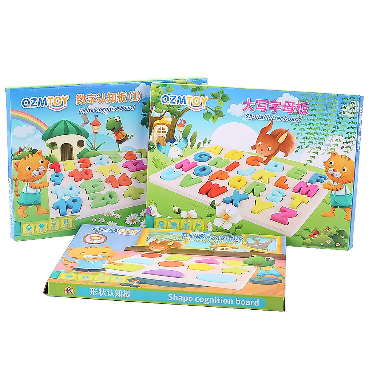 Montessori Wooden Letter Shape Number Puzzle for Toddler 3-5, 3 in 1 Big Numbers Shapes Alphabet ABC Toddlers Puzzles Board, Montessori Preschool Educational Kindergarten Teaching Toy for Boys Girls