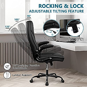 Guessky Office Chair, Executive Office Chair Big and Tall Office Chair Ergonomic Leather Chair with Adjustable Flip-Up Arms High Back Home Office Desk Chairs Computer Chair with Lumbar Support (Black)