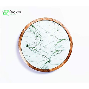 12" Acacia Wood Lazy Susan Turntable for Table Top With Removable Marble Texture Glass Plate for Dining Table Turntable Wooden Lazy Susan for Countertop