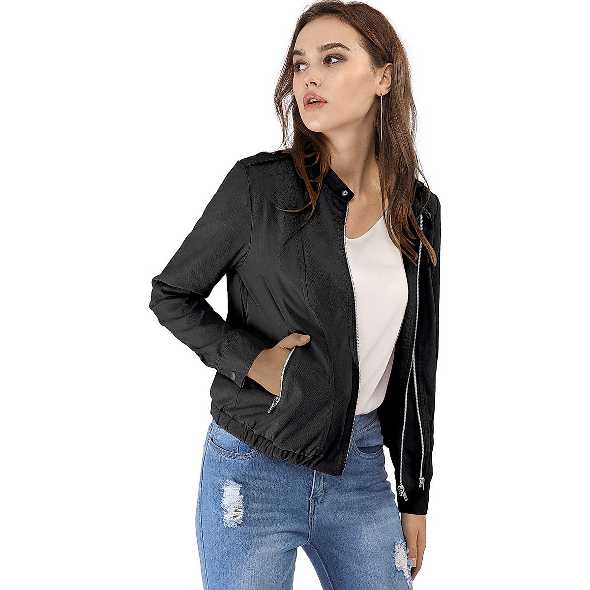 Allegra K Women's Lightweight Classic Casual Stand Collar Pocket Short Biker Moto Jacket Small Black