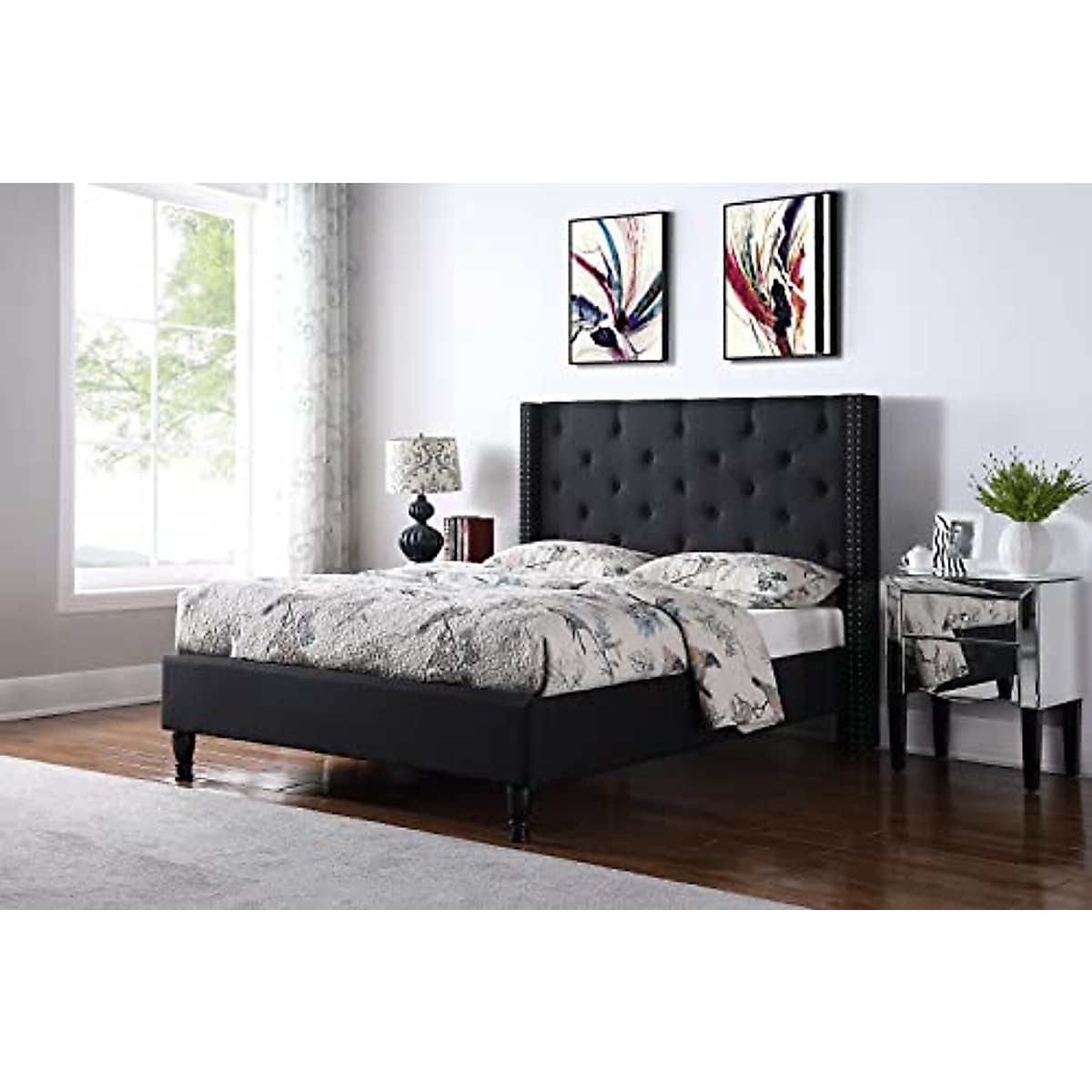 Full Upholstered Platform Bed Frame with 51" Tall Headboard - Button Tufted Cloth Bed - Wood Slat Support with Storage Space - No Box Spring Needed - Easy Assembly - Black - Oliver & Smith - Astor