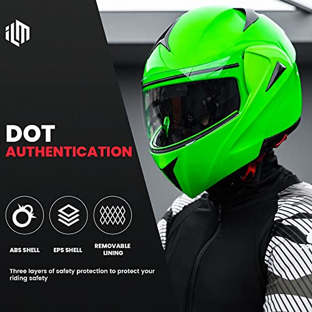 ILM Motorcycle Helmets Modular Dual Visor Flip-up Full Face Street Bike Racing Helmet DOT 5 Colors Model 808 (M, Green)
