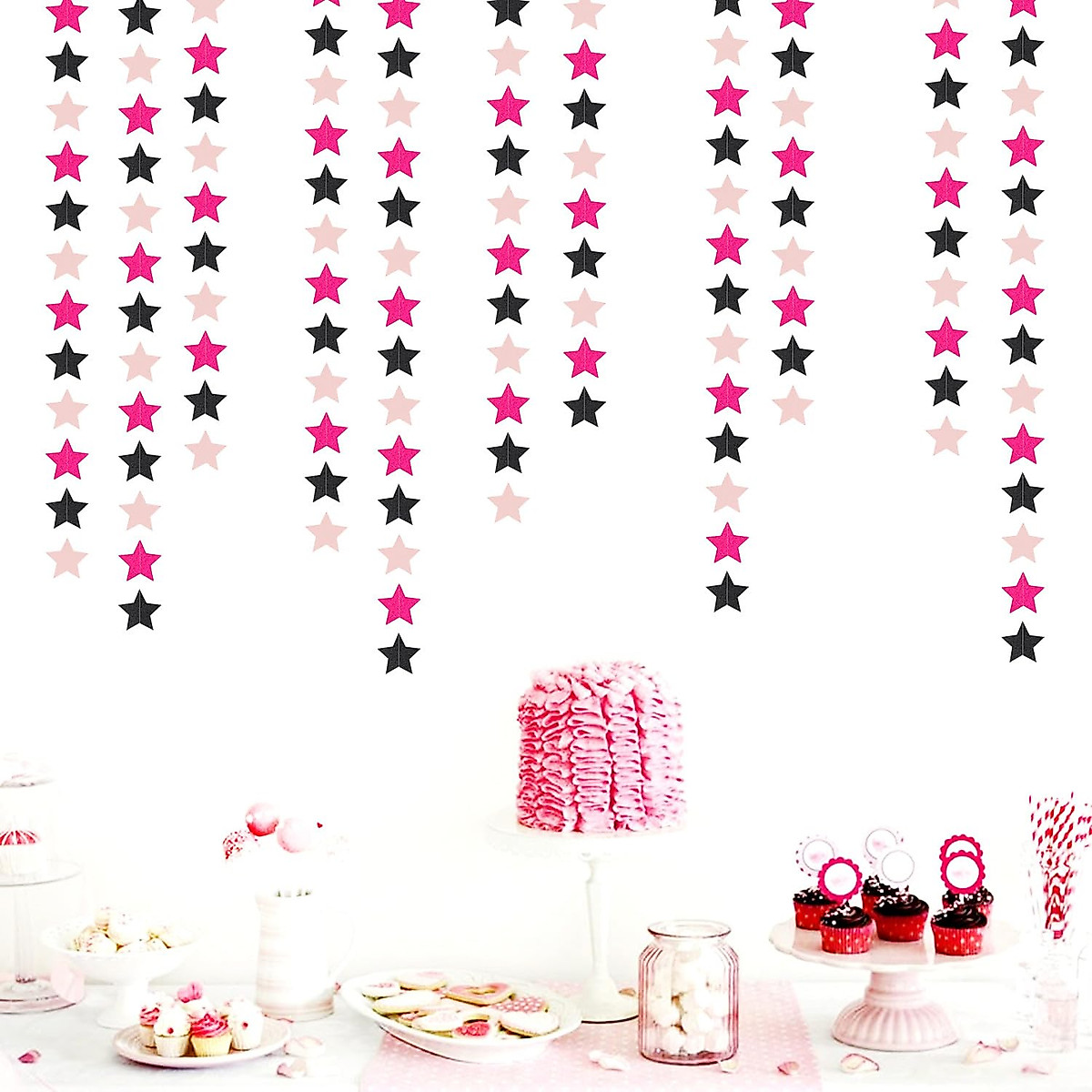 Hot-Pink Black Birthday Party-Decorations Garland - 62ft Twinkle Little Star Baby Girl Hanging Streamers Banner,Graduation Engagement Bachelorette Decor Hugtmr