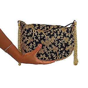 Women's Handmade Silk Drawstring Purse, Indian Potli Bag, Black Crossbody Triangle Purse