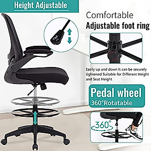 BestOffice Drafting Chair Tall Office Chair with Adjustable Foot Ring and Flip-Up Arms Computer Standing Desk Chair Executive Rolling Swivel Chair for Office & Home (Black)