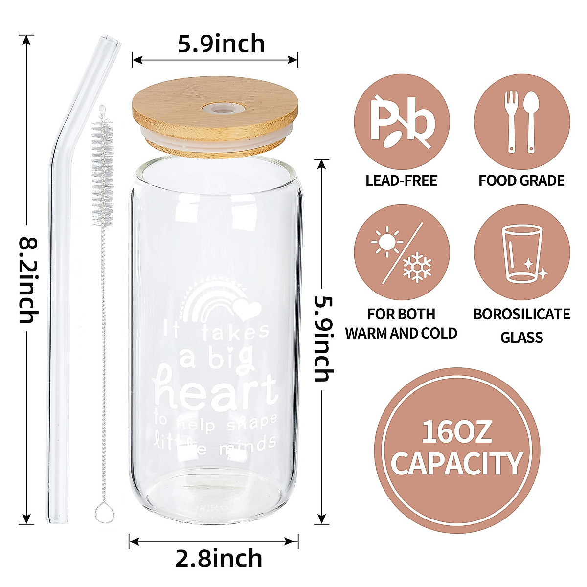 Kolewo4ever 6pcs Teacher Gifts For Women Appreciation Teacher Gift Beer Can Glass Iced Coffee Glass Cup with Bamboo Lid and Metal Straw