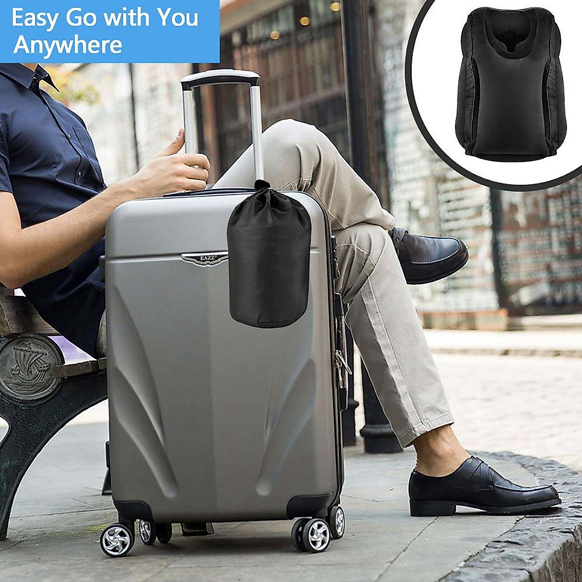 Inflatable Travel Pillow, Airplane Neck Pillow for Sleeping, Supports Head and Chin for Airplanes,Trains,Cars and Office Napping with 3D Eye Mask and Earplugs and Portable Drawstring Bag