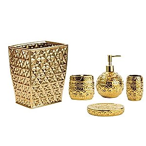 RXLVCKY Gold Bathroom Accessory Set, 5-Piece Ceramic Bathroom Decorations Accessories Sets Includes Lotion Dispenser, Toothbrush Holder Tumbler and Soap Dish